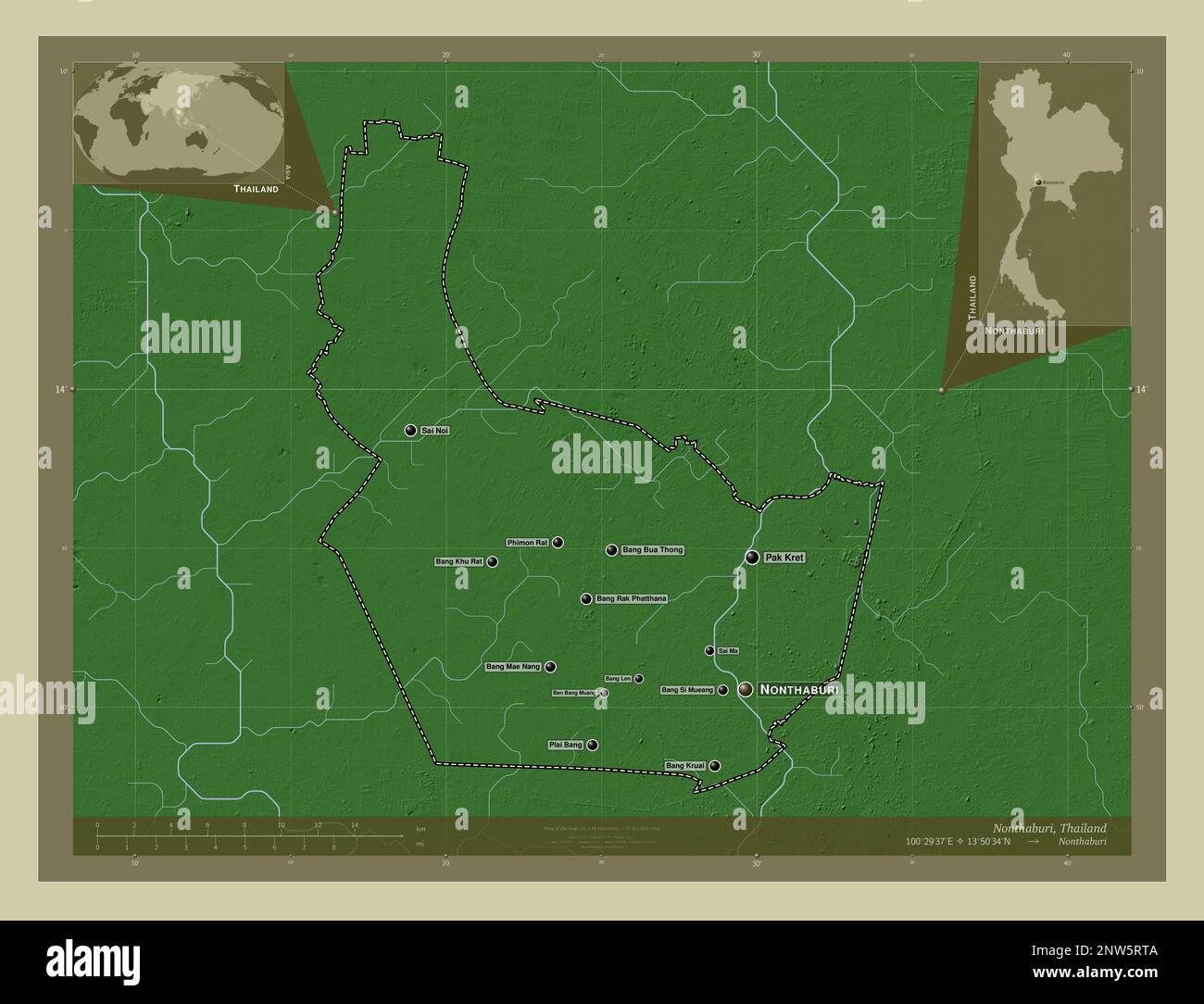 Nonthaburi, province of Thailand. Elevation map colored in wiki style ...