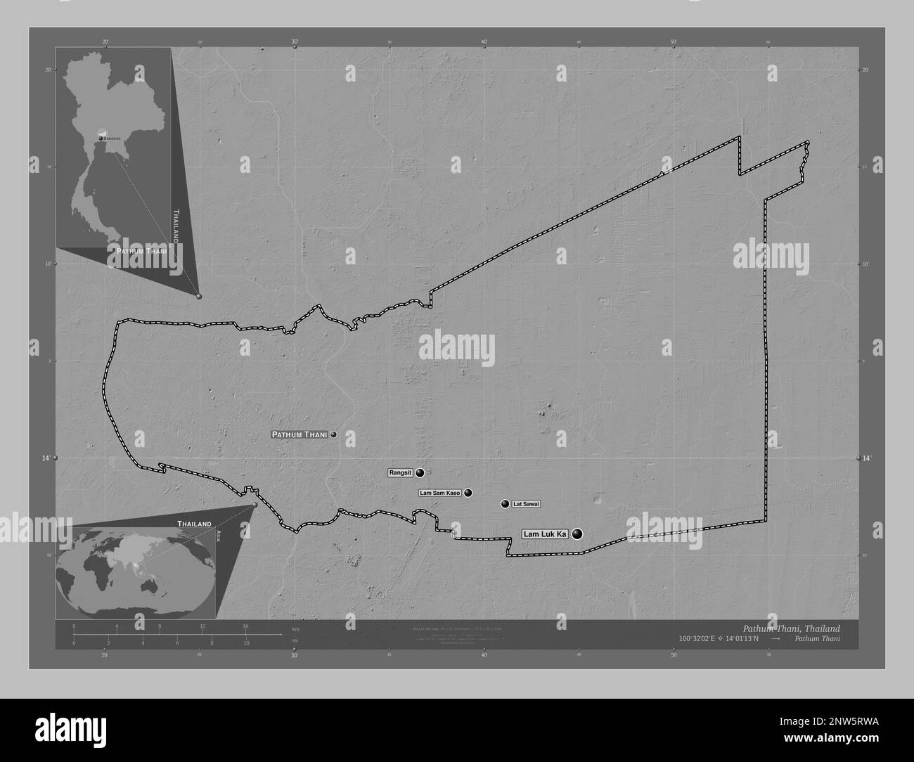 Pathum Thani, province of Thailand. Grayscale elevation map with lakes ...