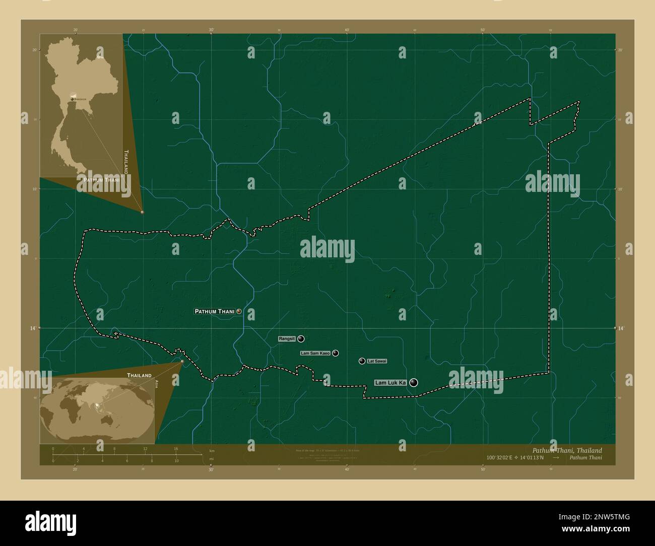 Pathum Thani, province of Thailand. Colored elevation map with lakes ...