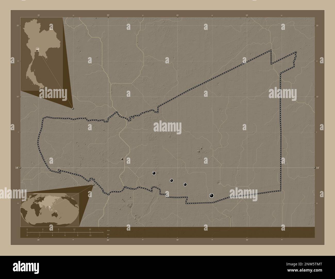 Pathum Thani, province of Thailand. Elevation map colored in sepia ...