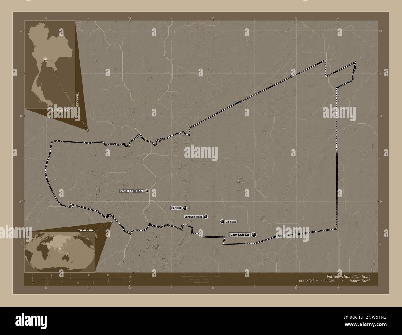 Pathum Thani, province of Thailand. Elevation map colored in sepia ...