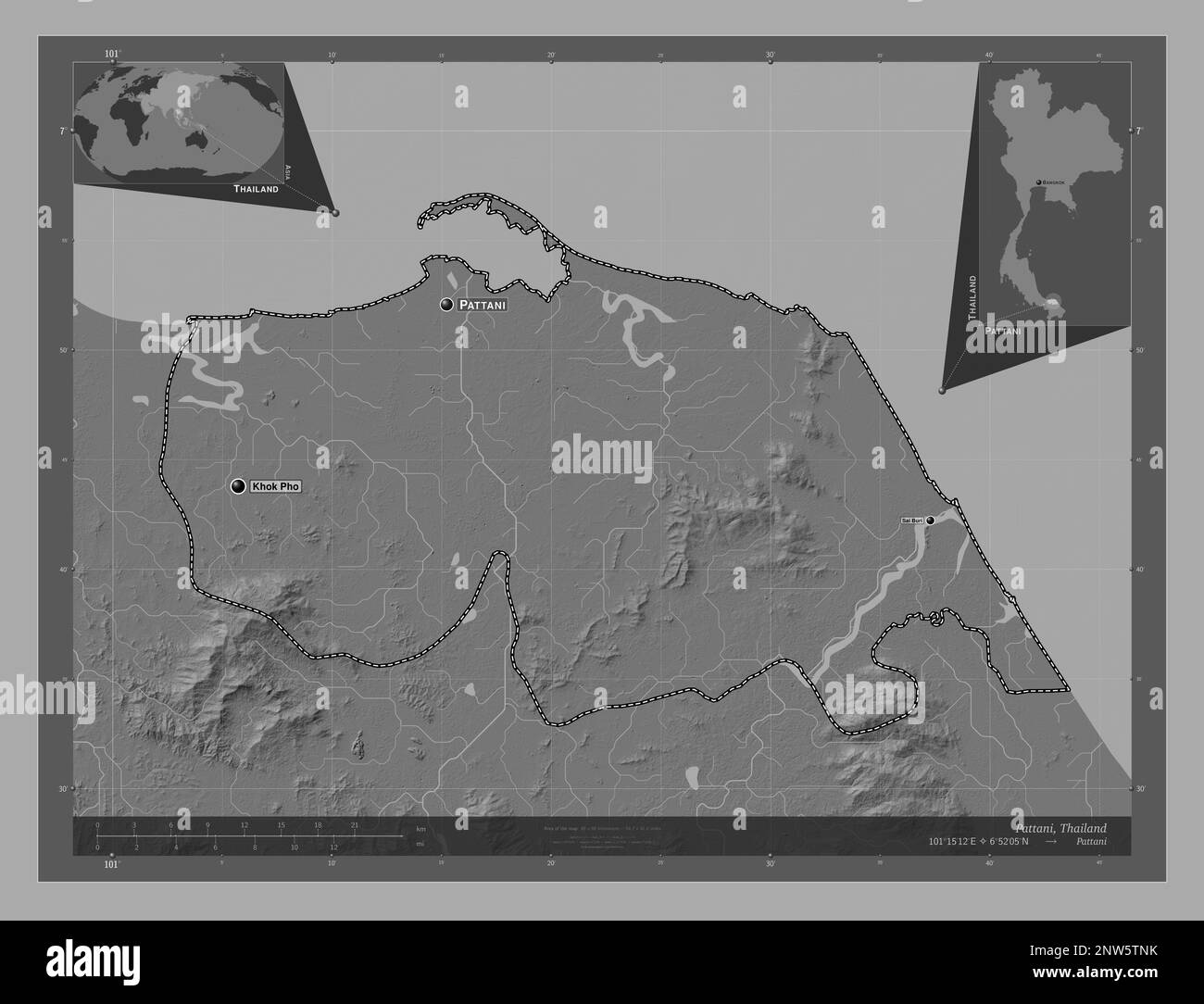 Pattani, province of Thailand. Bilevel elevation map with lakes and ...