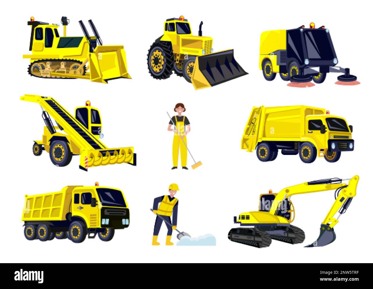 Municipal service road cleaning transport flat set with isolated icons ...