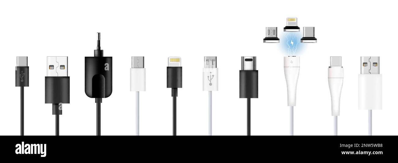 Mobile phone smartphone charging cables set with isolated icons of various power plugs of ...