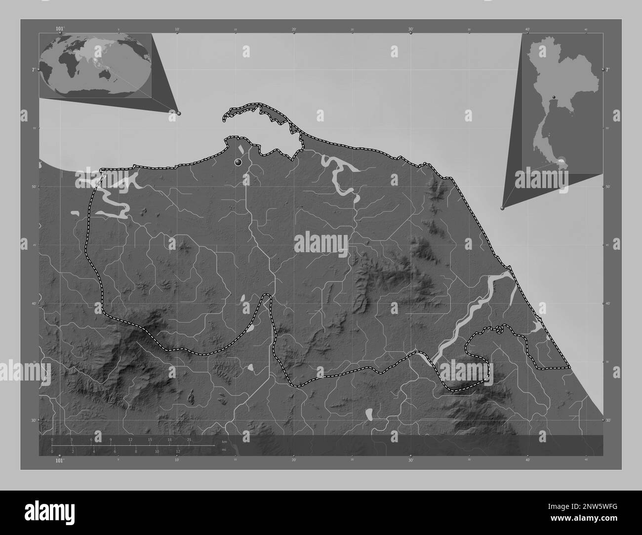 Pattani, province of Thailand. Grayscale elevation map with lakes and ...