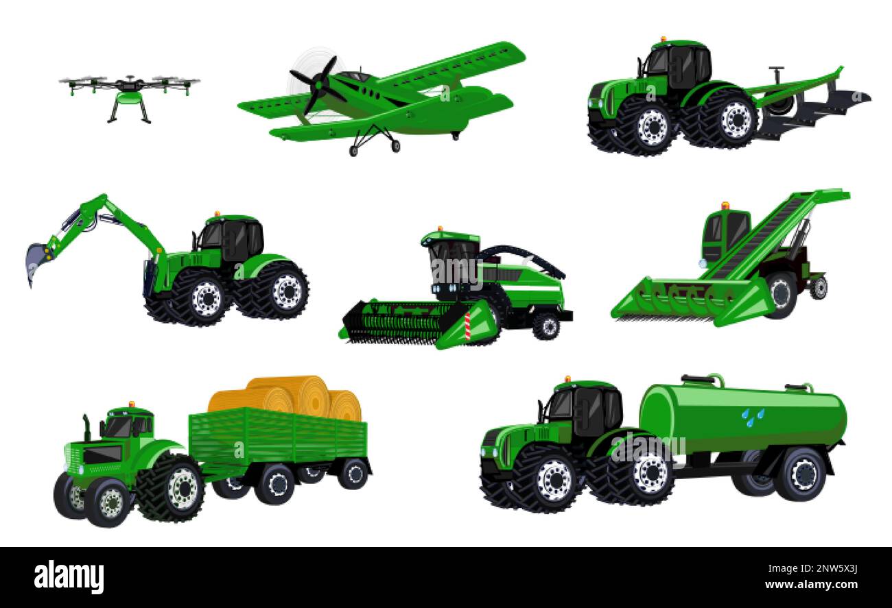 Agricultural machines transport flat set of isolated icons with views ...
