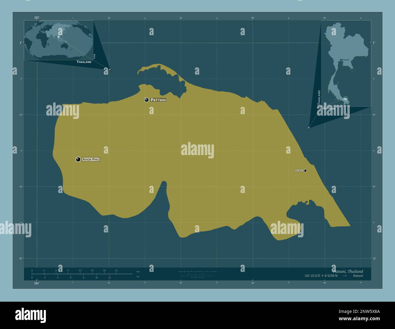 Pattani, province of Thailand. Solid color shape. Locations and names ...