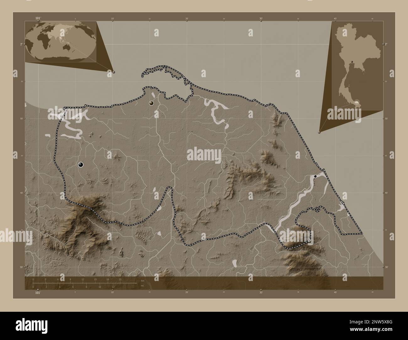 Pattani, province of Thailand. Elevation map colored in sepia tones ...