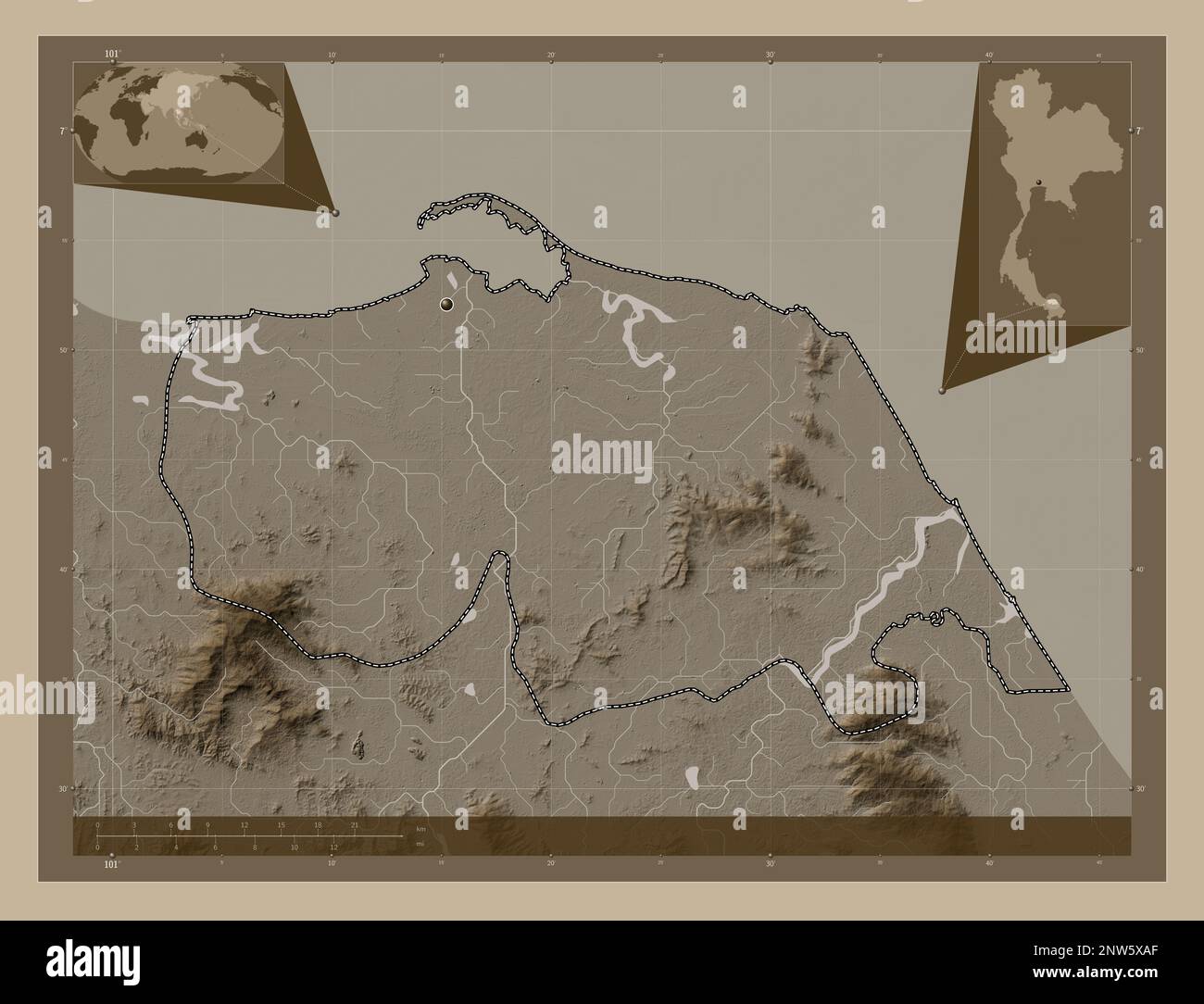 Pattani, province of Thailand. Elevation map colored in sepia tones ...