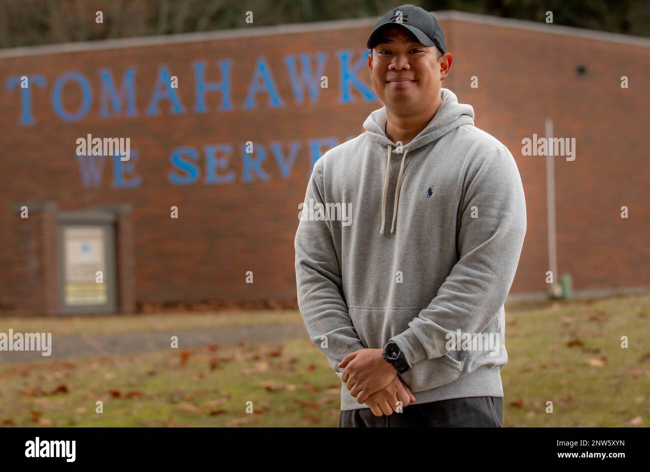 Spc. Teodolfo Talaro poses for a photo in front of Tomahawk ...