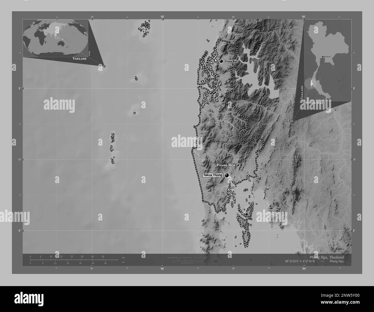 Phang Nga, province of Thailand. Grayscale elevation map with lakes and ...