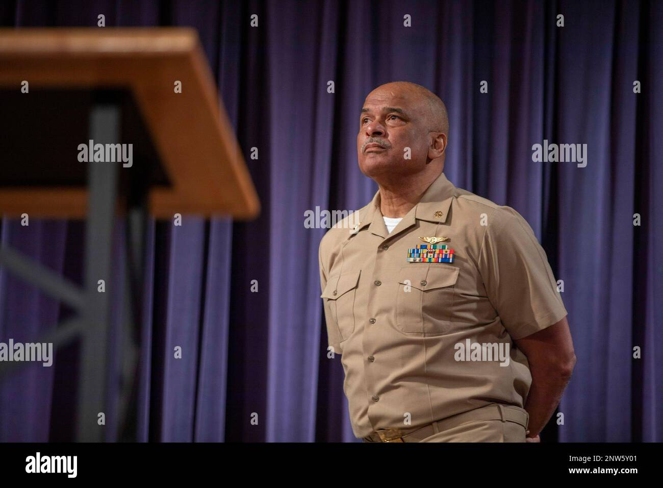 Retired U.S. Army Chief Warrant Officer 5 Phillip Brashear gives a presentation to the crew of ...