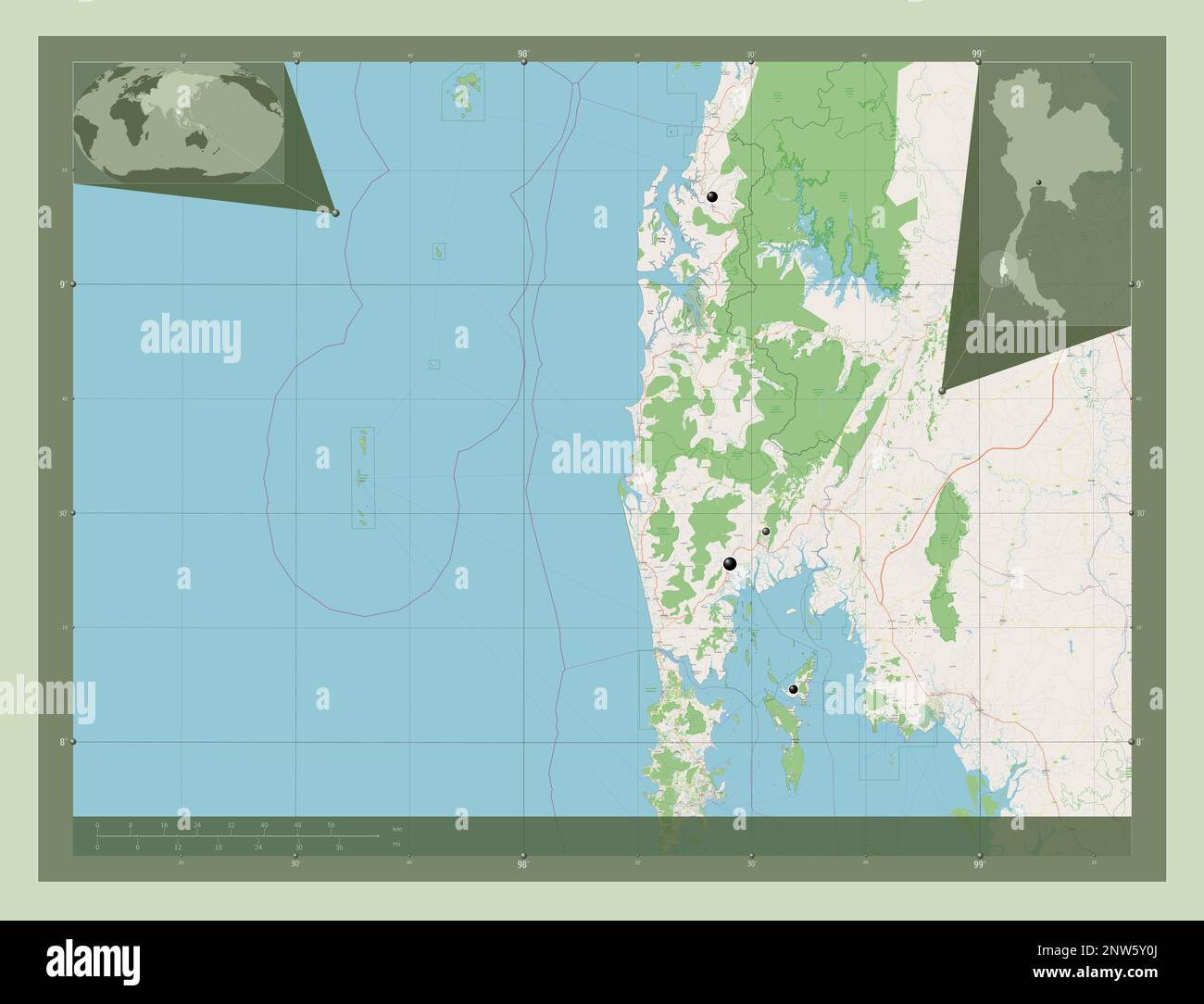 Phang Nga, province of Thailand. Open Street Map. Locations of major ...