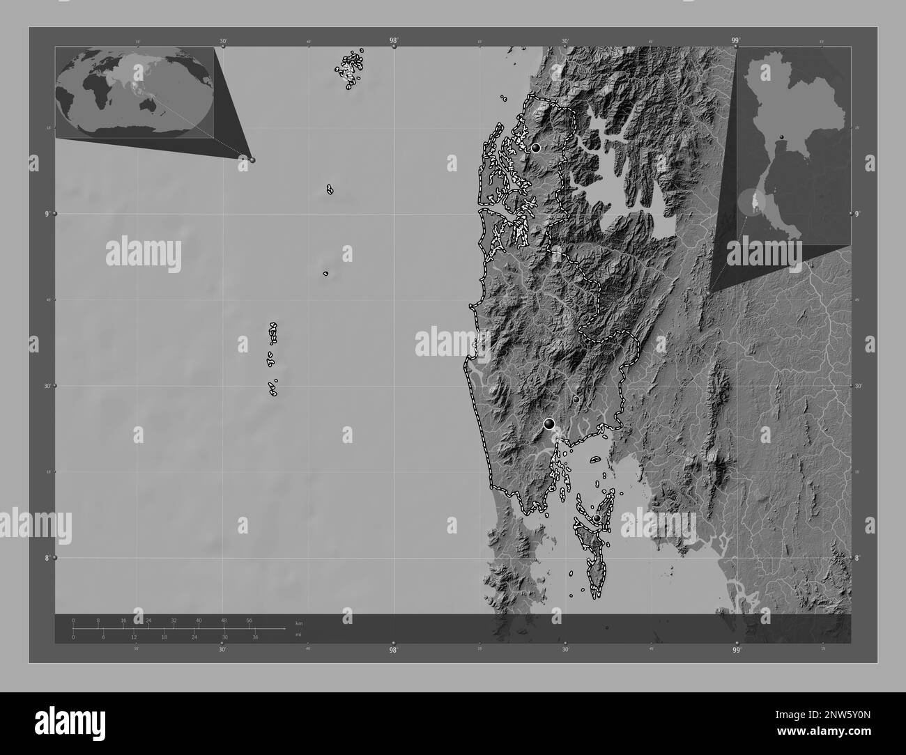 Phang Nga, province of Thailand. Bilevel elevation map with lakes and ...