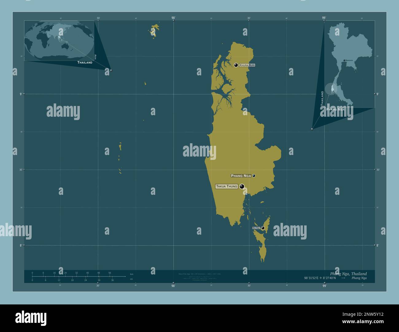 Phang Nga, province of Thailand. Solid color shape. Locations and names ...