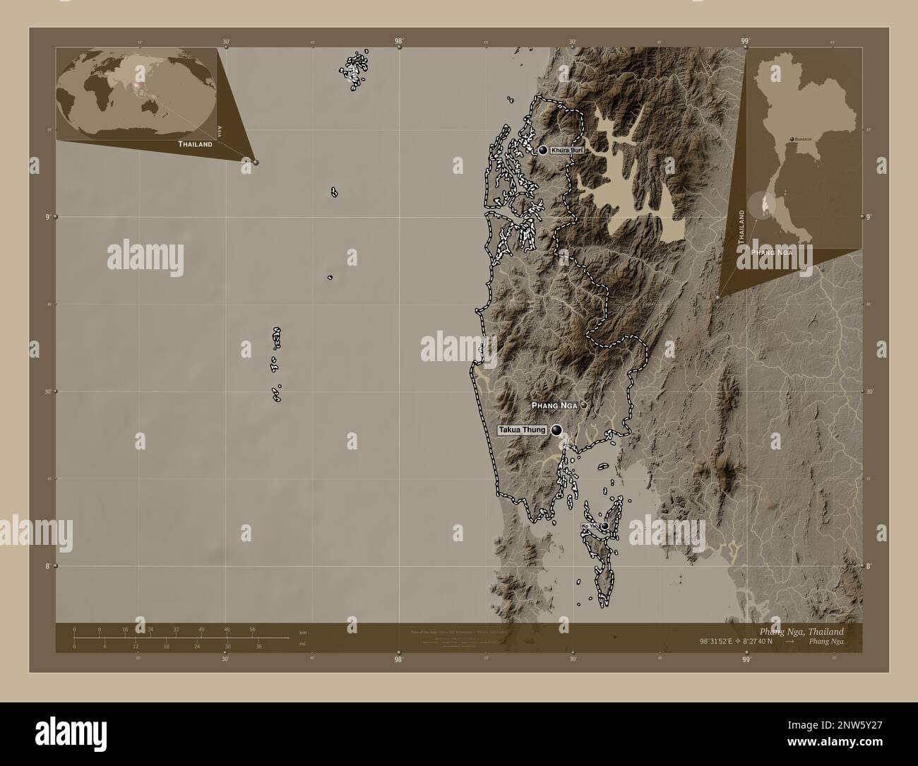 Phang Nga, province of Thailand. Elevation map colored in sepia tones ...