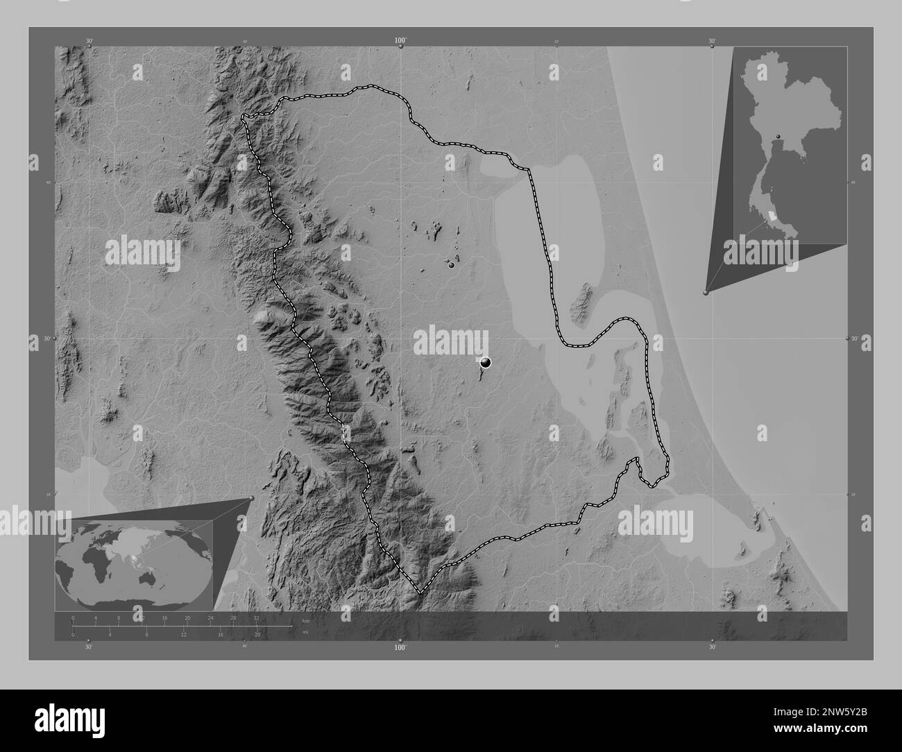 Phatthalung, province of Thailand. Grayscale elevation map with lakes ...