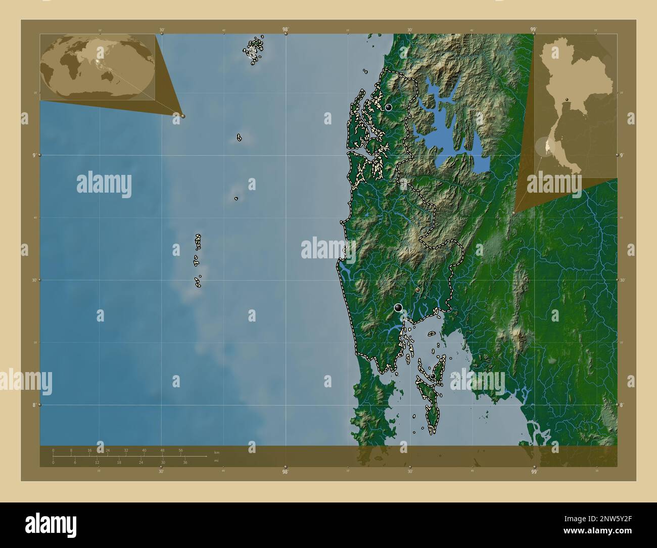 Phang Nga, province of Thailand. Colored elevation map with lakes and ...