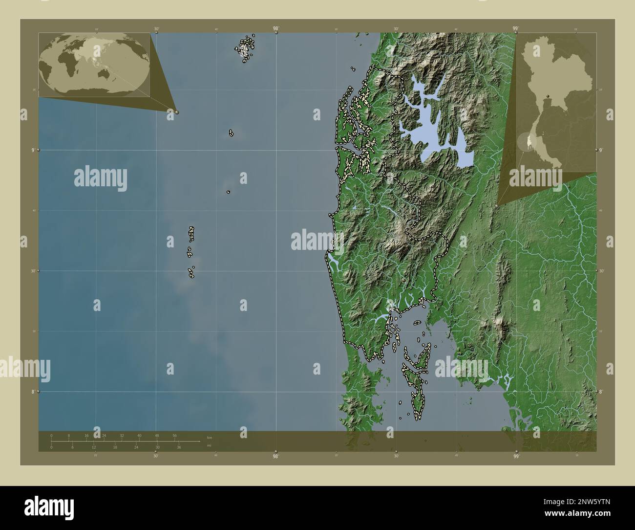Phang Nga, province of Thailand. Elevation map colored in wiki style ...