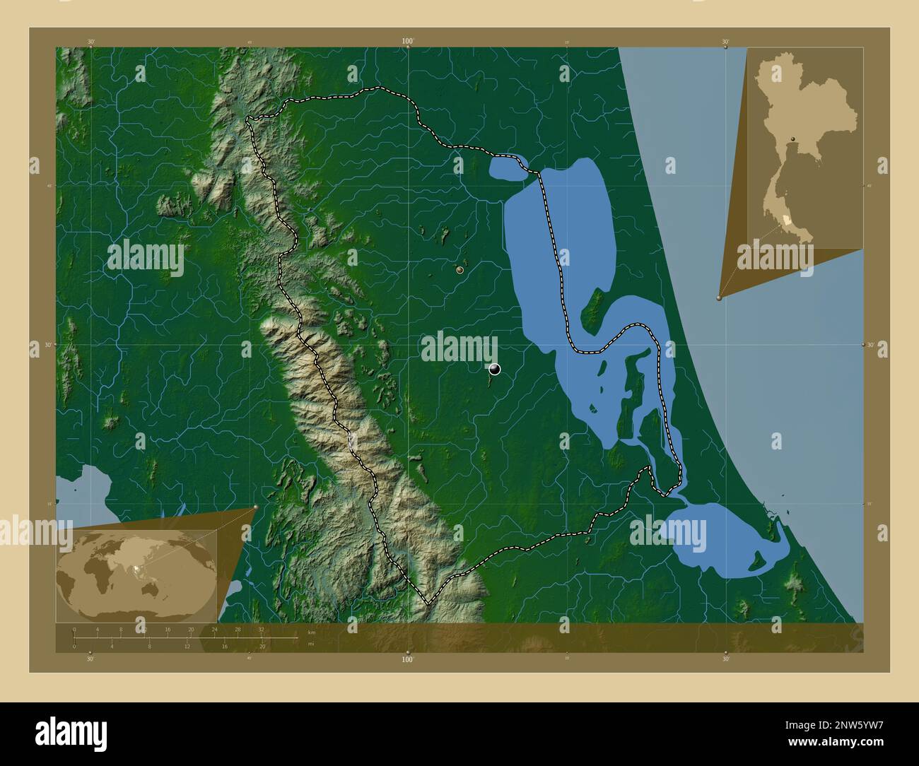 Phatthalung, province of Thailand. Colored elevation map with lakes and ...
