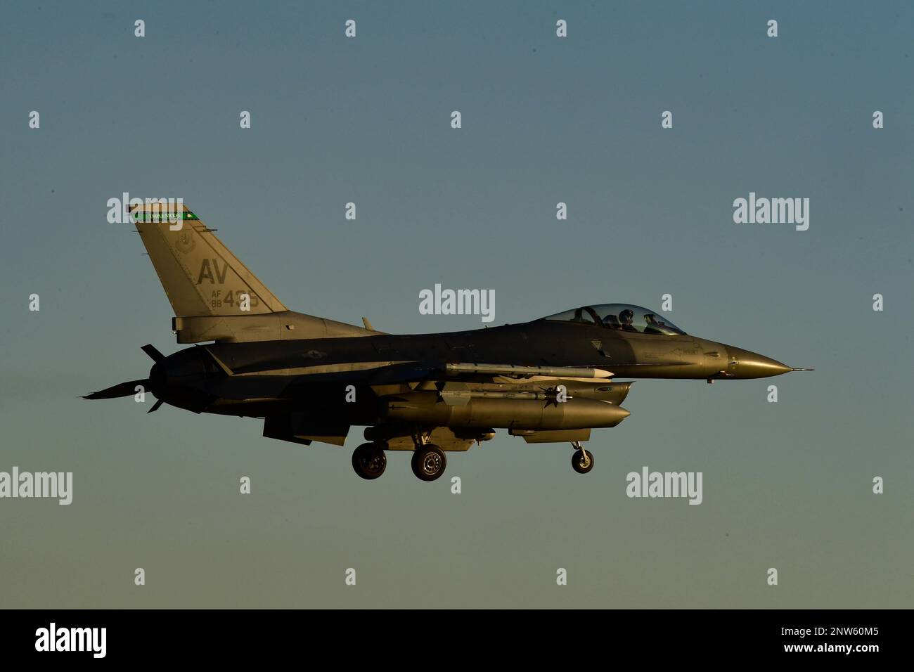 An F-16 Fighting Falcon, assigned to the 555th Fighter Squadron, flies ...
