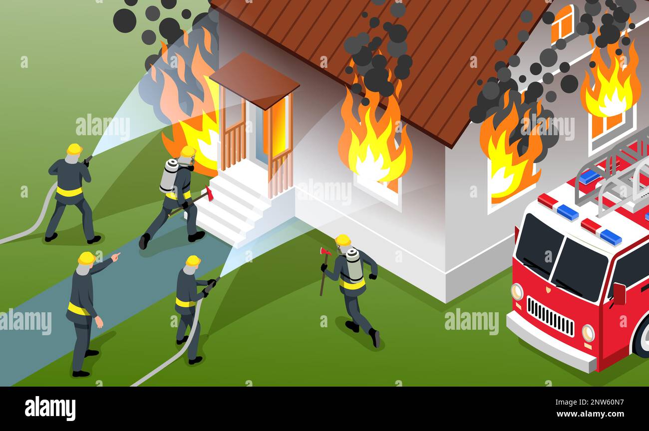 Isometric firefighter composition firemen with hoses in their hands run ...
