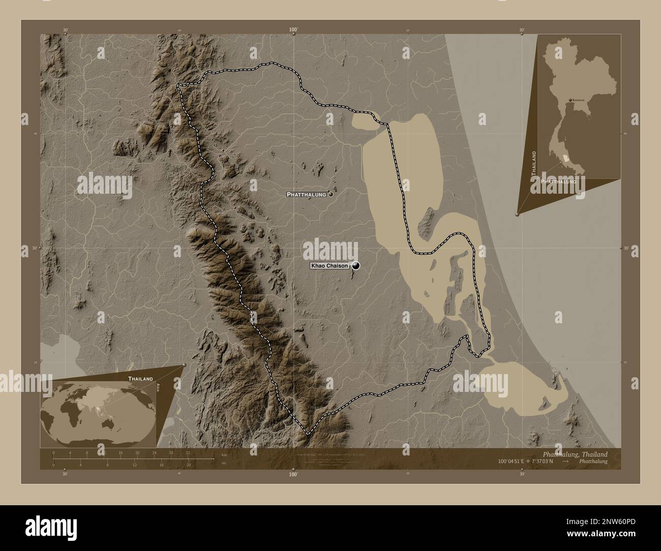Phatthalung, province of Thailand. Elevation map colored in sepia tones ...