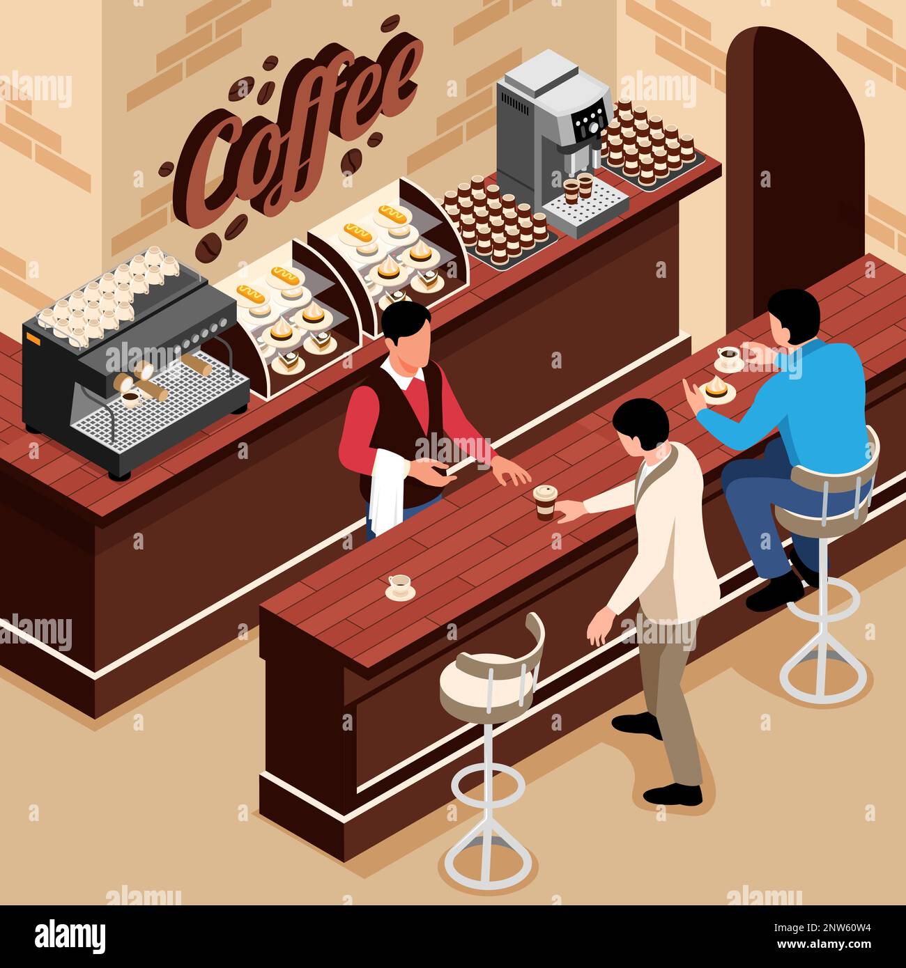 Isometric coffee cafe composition barista waiter behind the counter ...