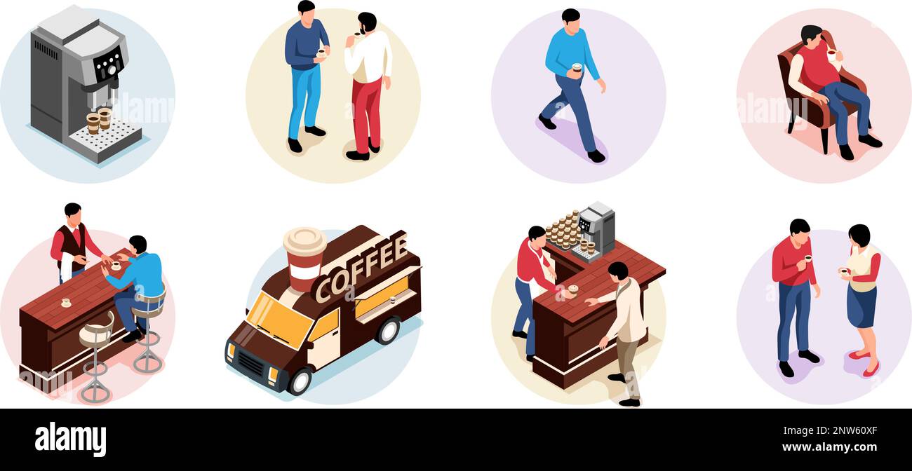 Isometric coffee composition set coffee machine customers barista truck ...