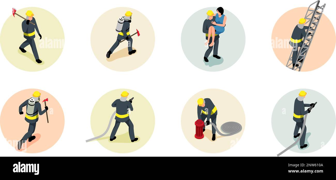 Isometric round firefighter composition set firefighters walks with an ...