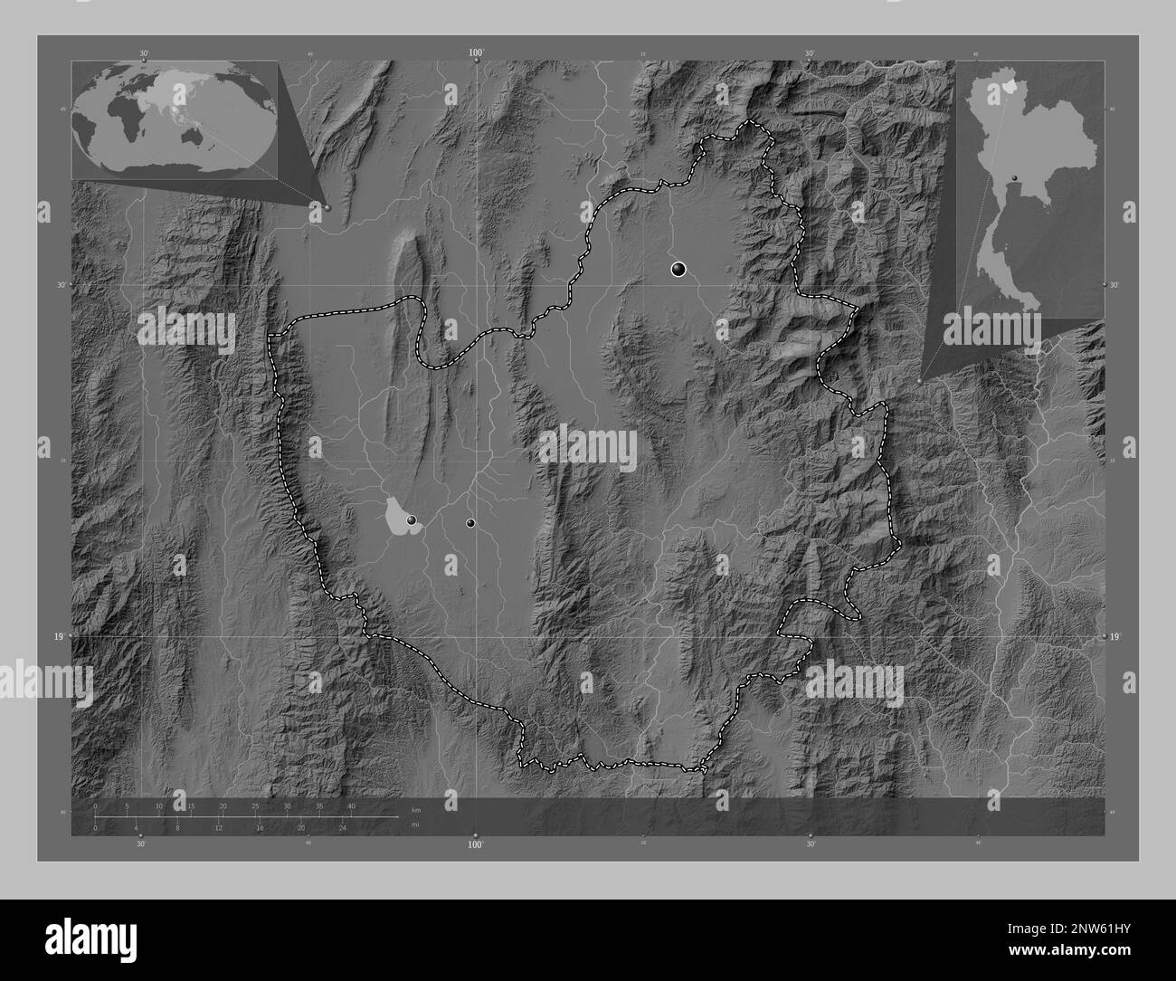 Phayao, province of Thailand. Grayscale elevation map with lakes and ...