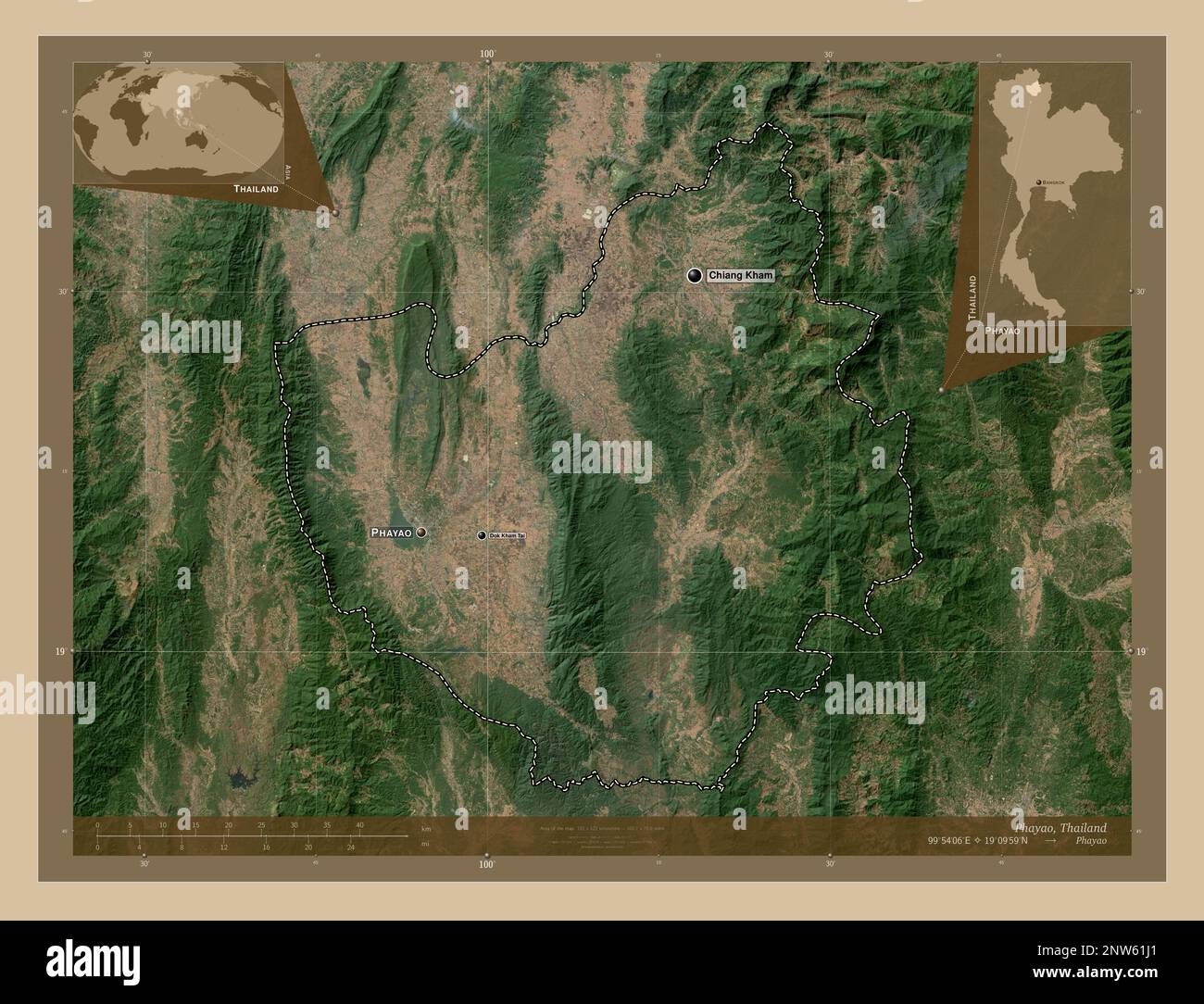 Phayao, province of Thailand. Low resolution satellite map. Locations ...