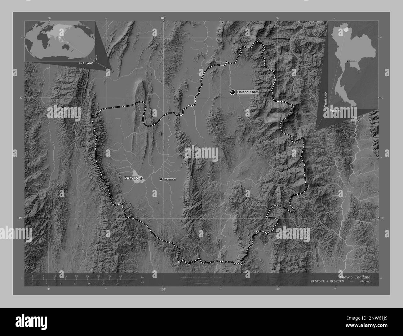 Phayao, province of Thailand. Grayscale elevation map with lakes and ...