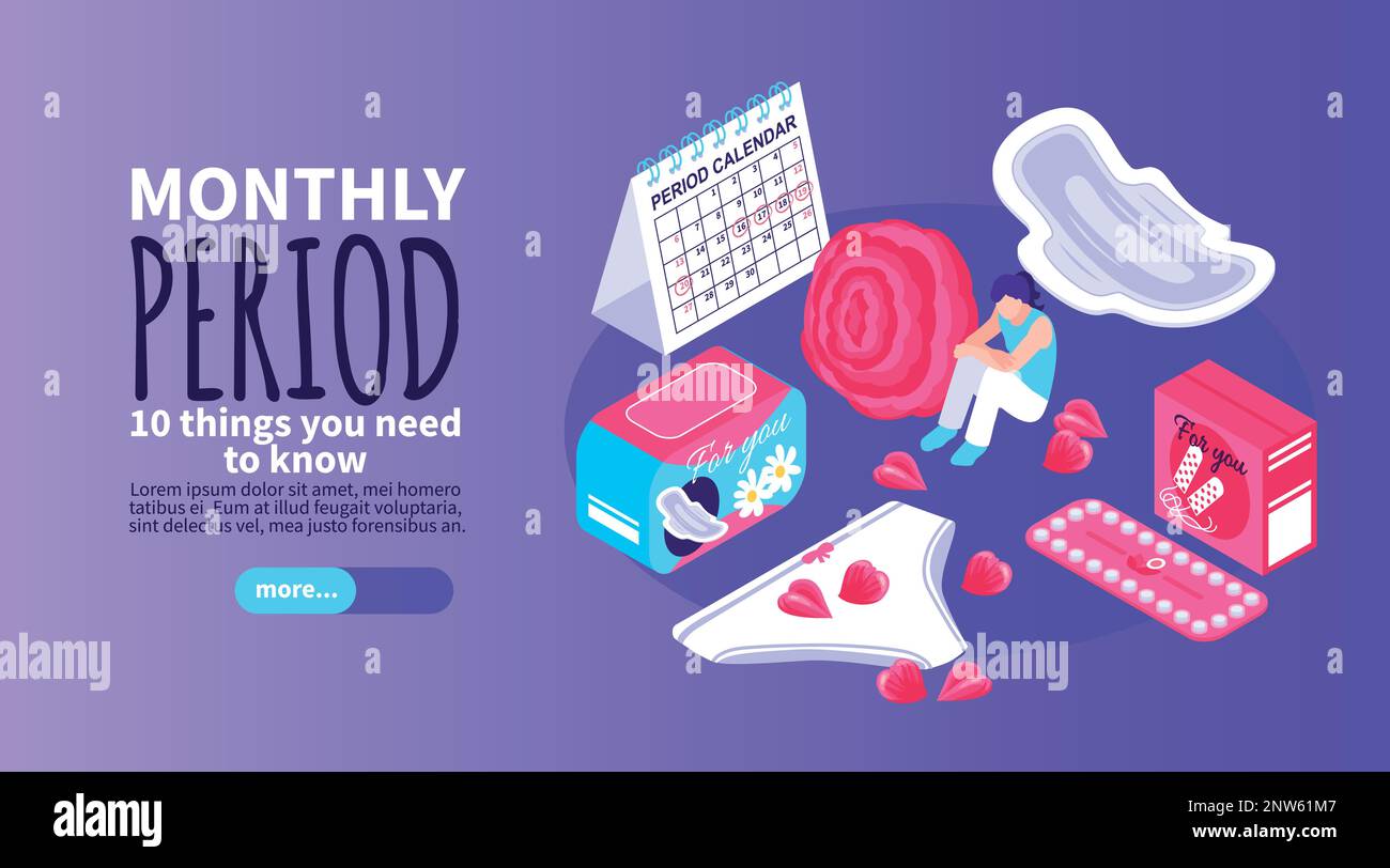 Isometric menstrual horizontal banner with personal hygiene images pill ...