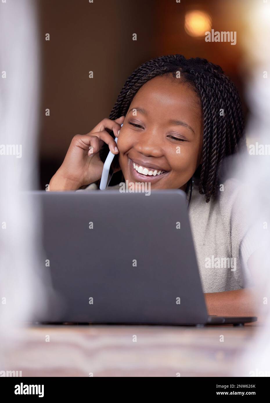Black woman, phone call and smile on laptop in remote work for ...