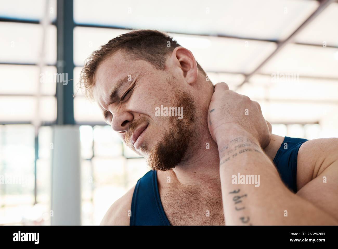 Gymnastics, neck pain and fitness with man and massage for training ...