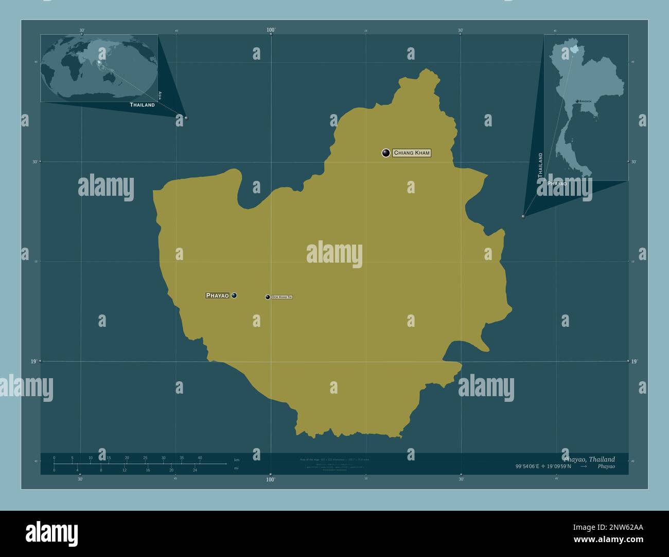 Phayao, province of Thailand. Solid color shape. Locations and names of ...