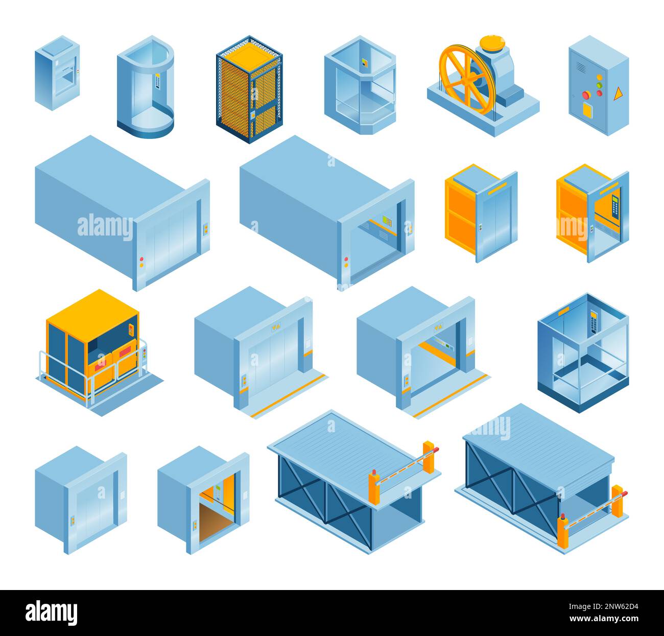 Set with isometric elevator icons with isolated images of elevator cabs ...