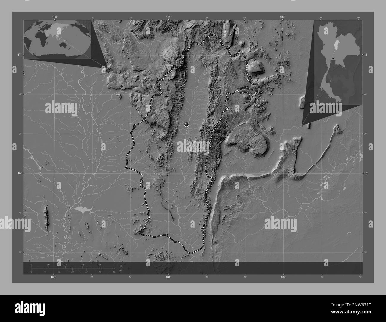 Phetchabun, province of Thailand. Bilevel elevation map with lakes and ...