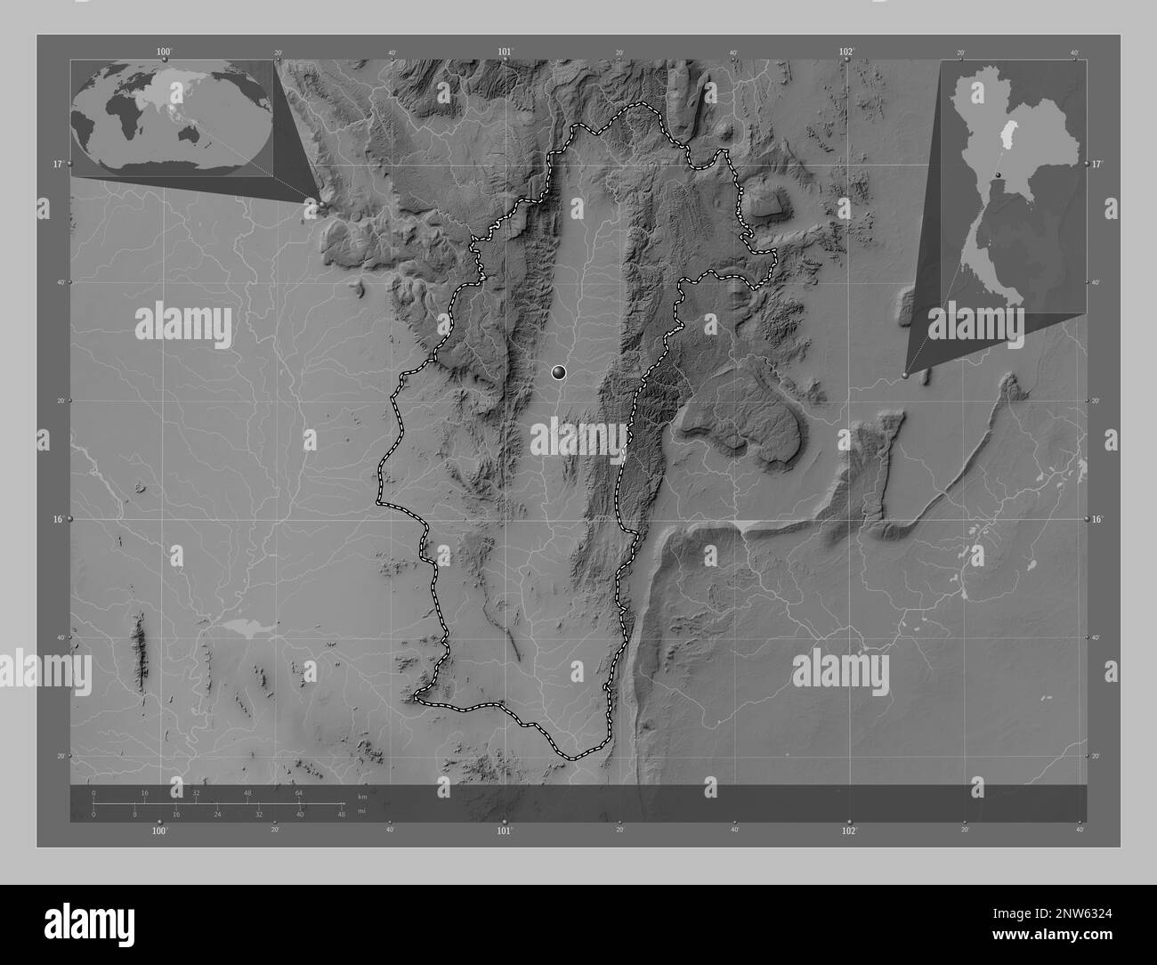 Phetchabun, province of Thailand. Grayscale elevation map with lakes ...