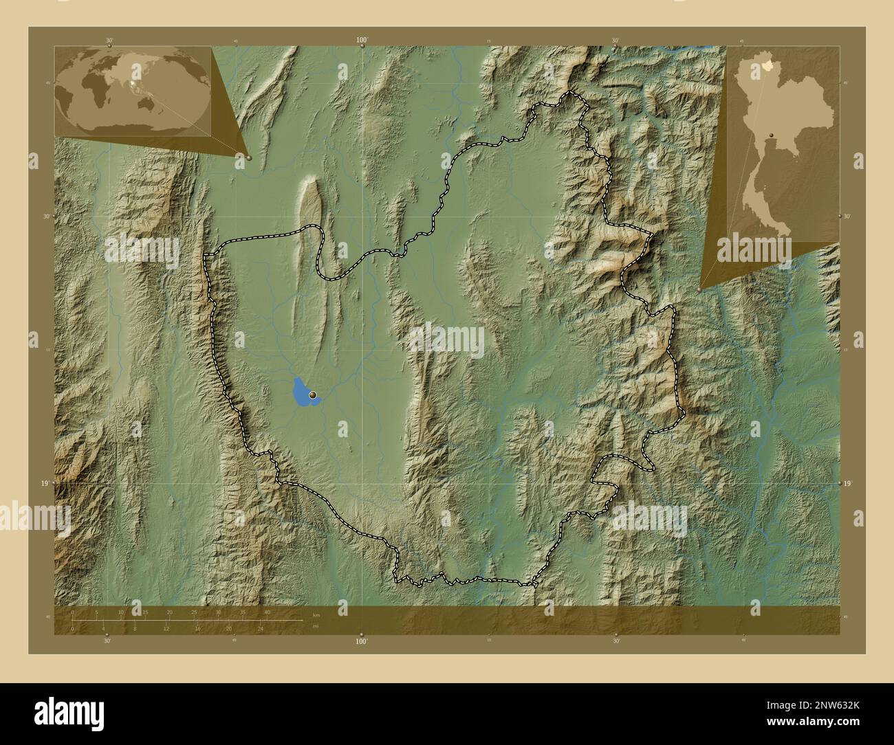 Phayao, province of Thailand. Colored elevation map with lakes and ...