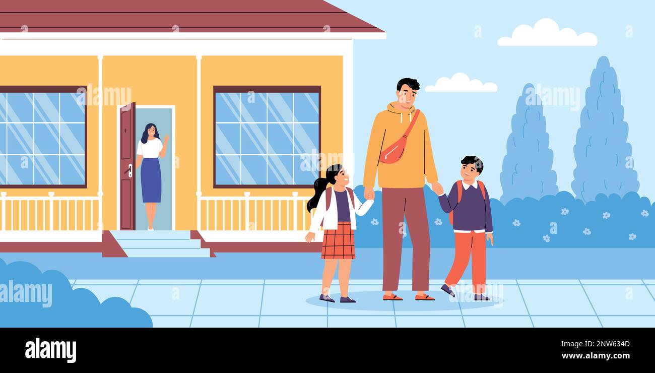 Two happy kids going to school together with their dad with mum waving ...