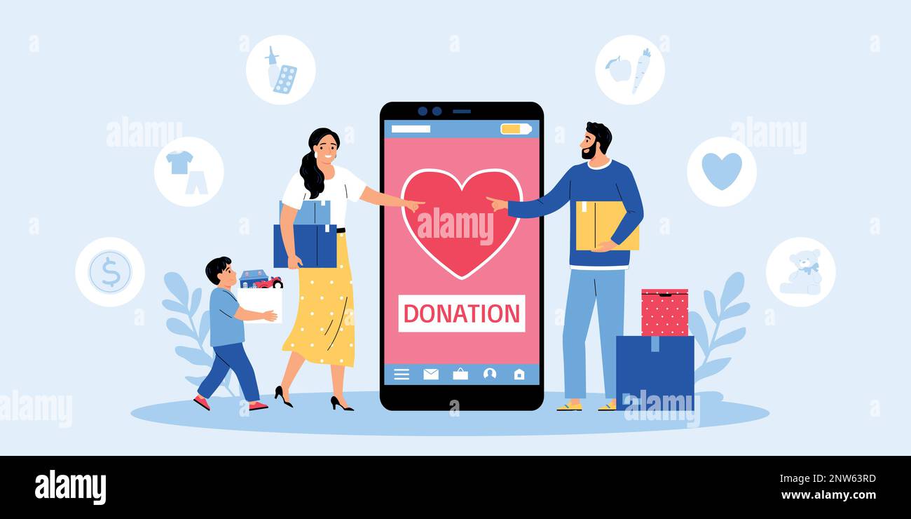 Flat charity concept with people holding boxes making donations online ...