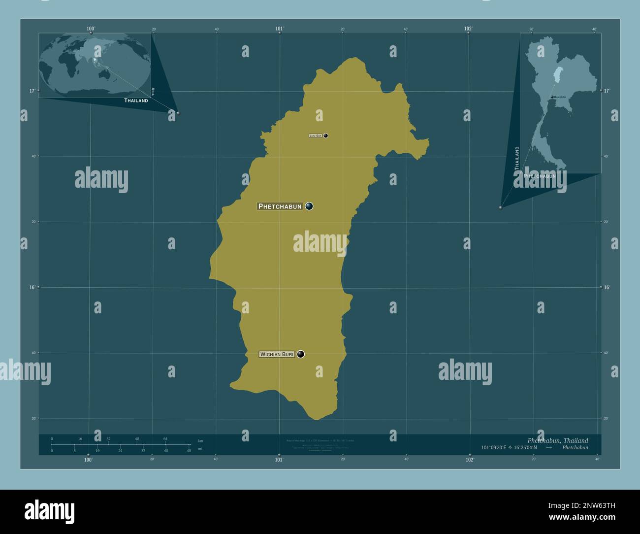 Phetchabun, province of Thailand. Solid color shape. Locations and ...