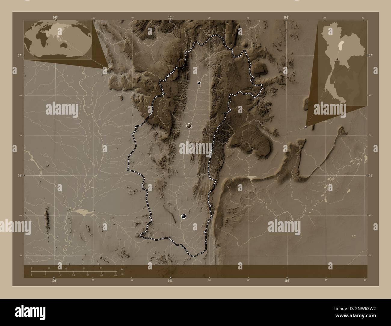 Phetchabun, province of Thailand. Elevation map colored in sepia tones ...