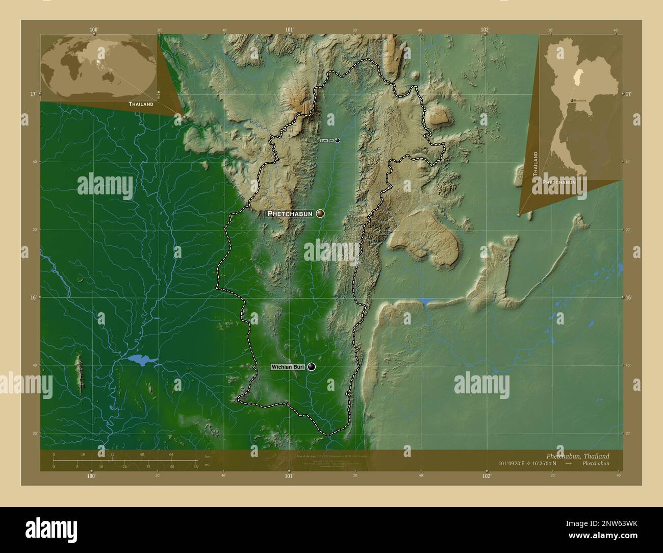 Phetchabun, province of Thailand. Colored elevation map with lakes and ...