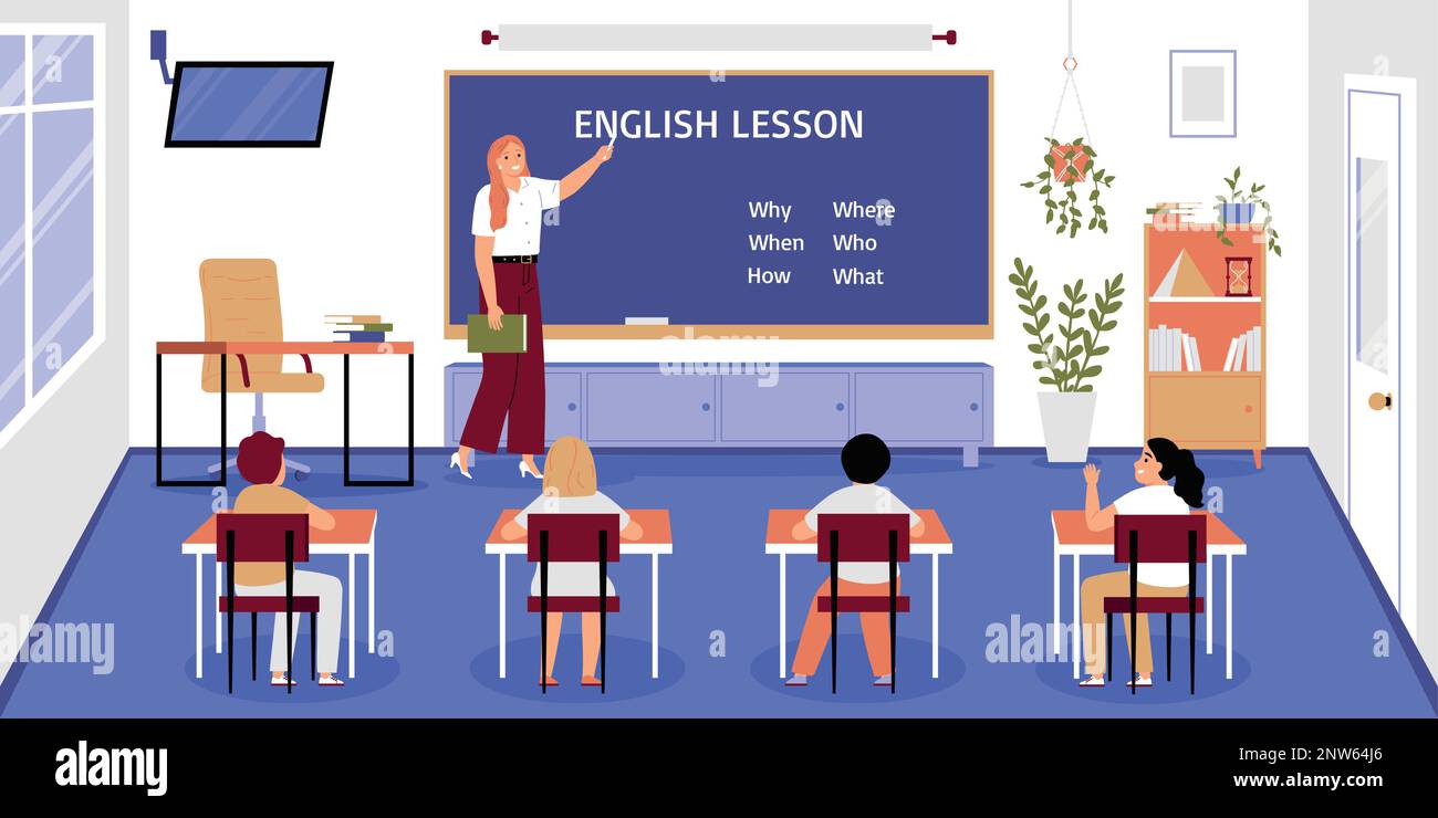 Happy young english school teacher standing at board and back view of ...