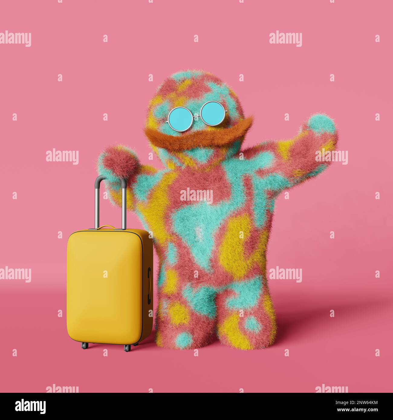 Rainbow Yeti with mustache yellow suitcase pink background 3d rendering ...