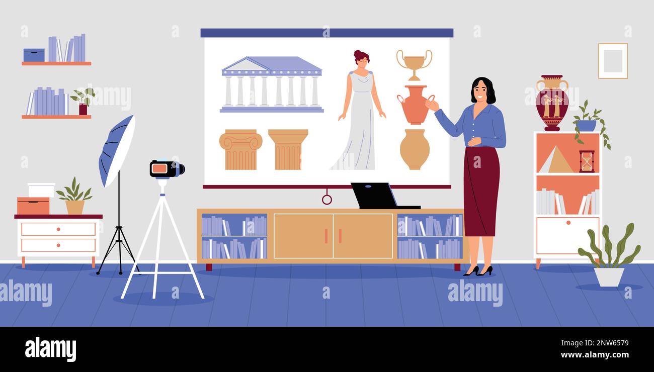 Flat school female teacher recording history lesson on camera for ...