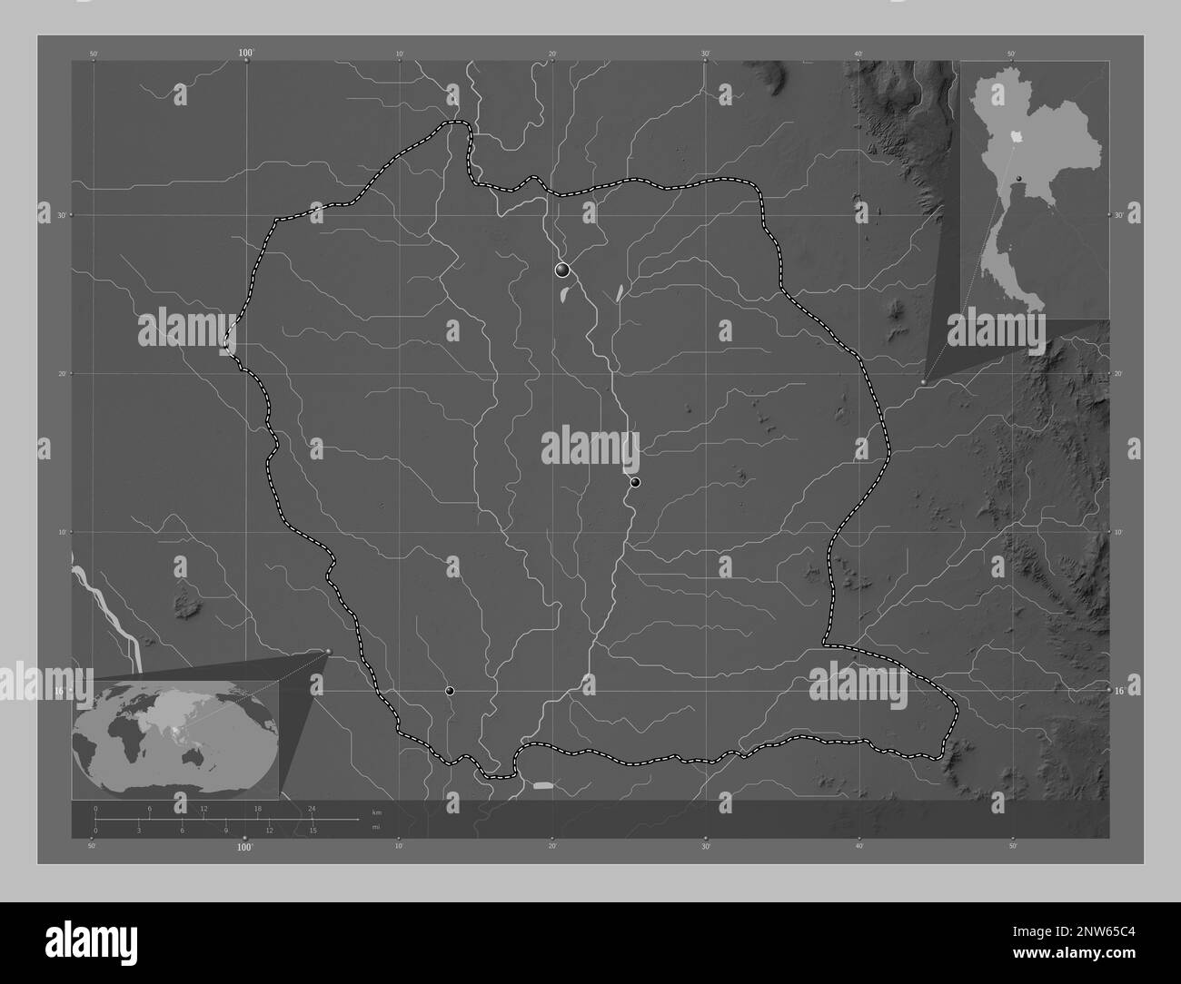 Phichit, province of Thailand. Grayscale elevation map with lakes and ...